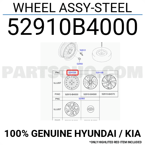 WHEEL ASSY-STEEL 52910B4000 | Hyundai / KIA Parts | PartSouq