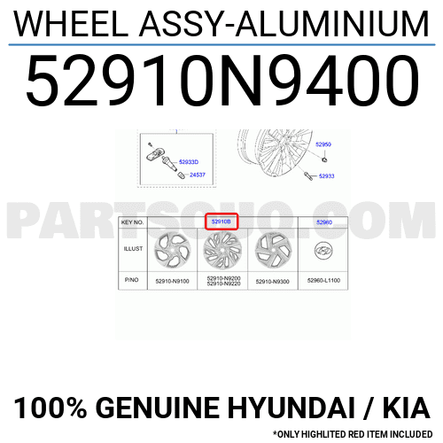 WHEEL ASSY-ALUMINIUM 52910N9400 | Hyundai / KIA Parts | PartSouq