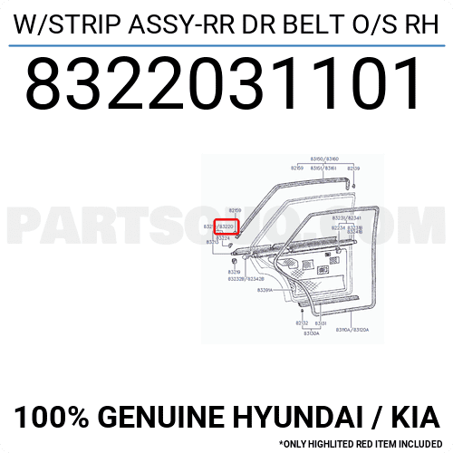 W/STRIP ASSY-RR DR BELT O/S RH 8322031101 | Hyundai / KIA Parts | PartSouq