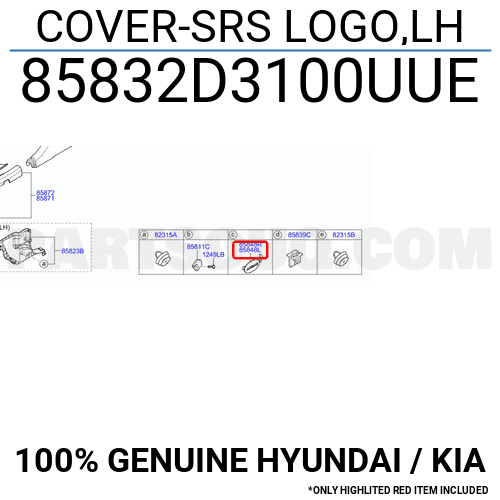 COVER-SRS LOGO,LH 85832D3100UUE | Hyundai / KIA Parts | PartSouq