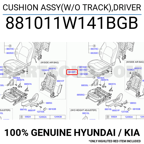 CUSHION ASSY(W/O TRACK),DRIVER 881011W141BGB | Hyundai / KIA Parts ...