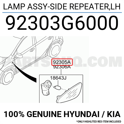 LAMP ASSY-SIDE REPEATER,LH 92303G6000 | Hyundai / KIA Parts | PartSouq