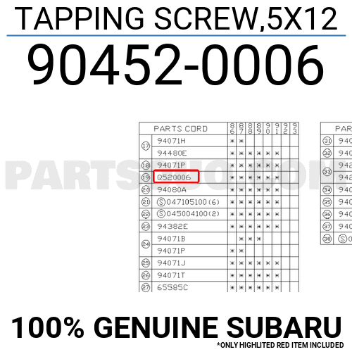 TAPPING SCREW,5X12 904520006 | Subaru Parts | PartSouq