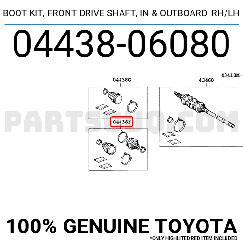 BOOT KIT, FRONT DRIVE SHAFT, IN & OUTBOARD, RH/LH 0443806080 | Toyota ...