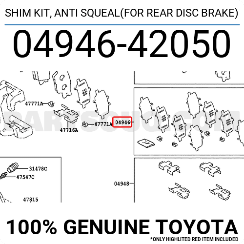SHIM KIT, ANTI SQUEAL(FOR REAR DISC BRAKE) 0494642050 | Toyota Parts ...