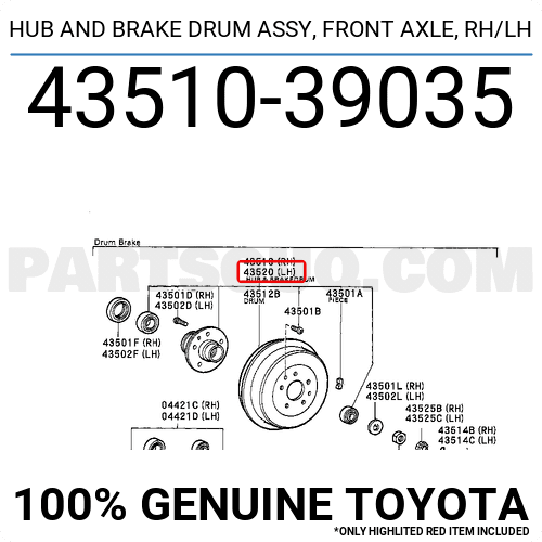 HUB AND BRAKE DRUM ASSY, FRONT AXLE, RH/LH 4351039035 | Toyota Parts ...