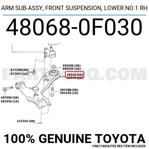 ARM SUB-ASSY, FRONT SUSPENSION, LOWER NO.1 RH 480680F030 | Toyota Parts ...