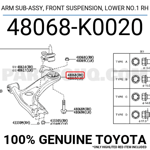 ARM SUB-ASSY, FRONT SUSPENSION, LOWER NO.1 RH 48068K0020 | Toyota Parts ...