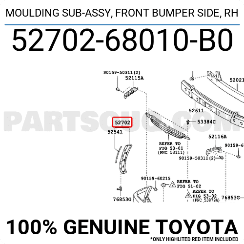 MOULDING SUB-ASSY, FRONT BUMPER SIDE, RH 5270268010B0 | Toyota Parts ...