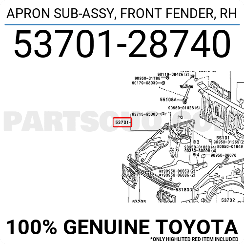APRON SUB-ASSY, FRONT FENDER, RH 5370128740 | Toyota Parts | PartSouq