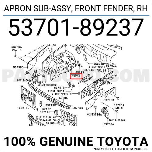APRON SUB-ASSY, FRONT FENDER, RH 5370189237 | Toyota Parts | PartSouq
