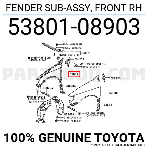 FENDER SUB-ASSY, FRONT RH 5380108903 | Toyota Parts | PartSouq