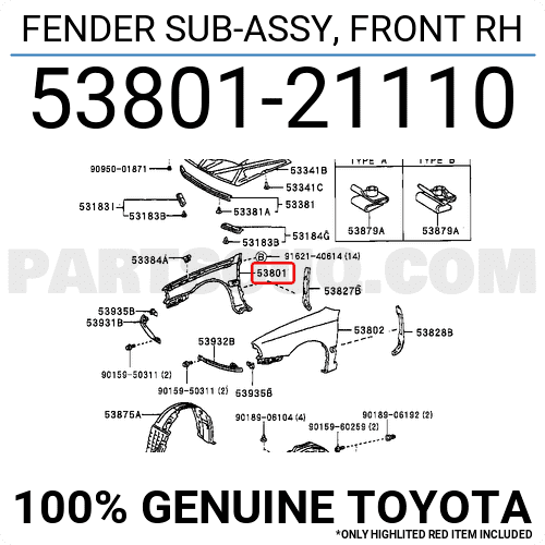 FENDER SUB-ASSY, FRONT RH 5380121110 | Toyota Parts | PartSouq