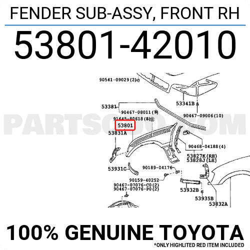 FENDER SUB-ASSY, FRONT RH 5380142010 | Toyota Parts | PartSouq
