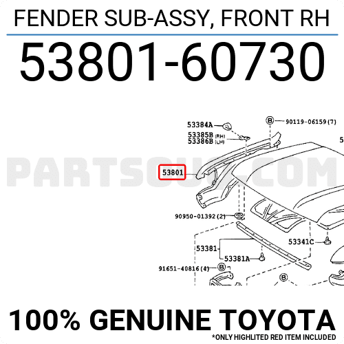 FENDER SUB-ASSY, FRONT RH 5380160730 | Toyota Parts | PartSouq