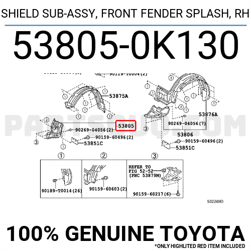 SHIELD SUB-ASSY, FRONT FENDER SPLASH, RH 538050K130 | Toyota Parts ...