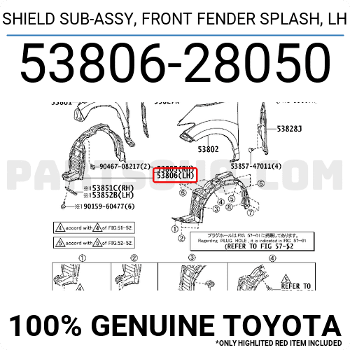 SHIELD SUB-ASSY, FRONT FENDER SPLASH, LH 5380628050 | Toyota Parts ...
