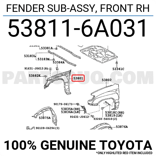 FENDER SUB-ASSY, FRONT RH 538116A031 | Toyota Parts | PartSouq