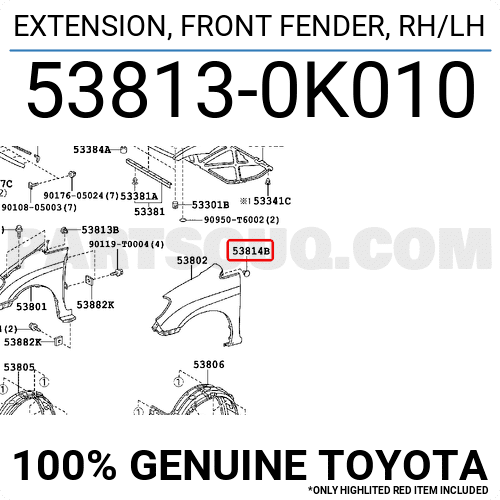 EXTENSION, FRONT FENDER, RH/LH 538130K010 | Toyota Parts | PartSouq