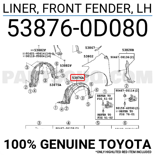 LINER, FRONT FENDER, LH 538760D080 | Toyota Parts | PartSouq