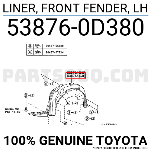 LINER, FRONT FENDER, LH 538760D380 | Toyota Parts | PartSouq