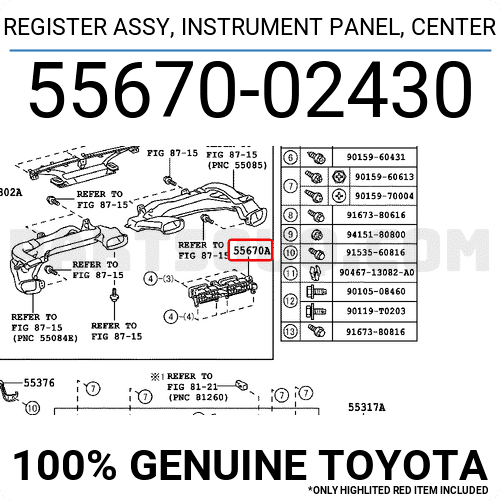 REGISTER ASSY, INSTRUMENT PANEL, CENTER 5567002430 | Toyota Parts ...