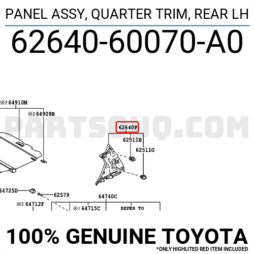 PANEL ASSY, QUARTER TRIM, REAR LH 6264060070A0 | Toyota Parts | PartSouq