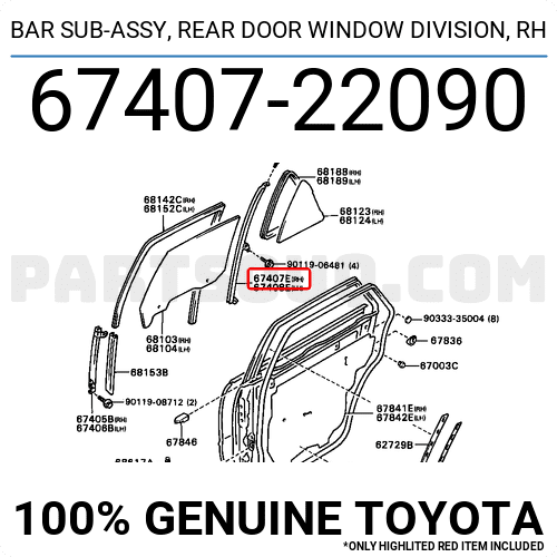 BAR SUB-ASSY, REAR DOOR WINDOW DIVISION, RH 6740722090 | Toyota Parts ...