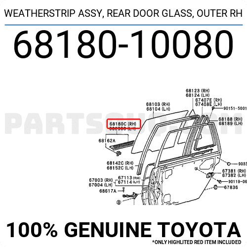 WEATHERSTRIP ASSY, REAR DOOR GLASS, OUTER RH 6818010080 | Toyota Parts ...