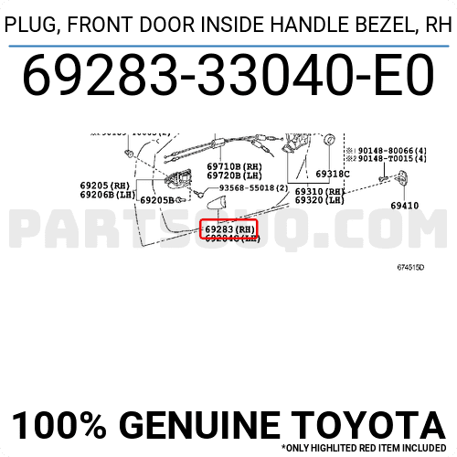 PLUG, FRONT DOOR INSIDE HANDLE BEZEL, RH 6928333040E0 | Toyota Parts ...