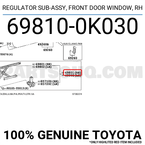 REGULATOR SUB-ASSY, FRONT DOOR WINDOW, RH 698100K030 | Toyota Parts ...