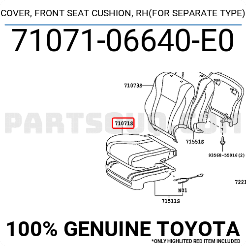 COVER, FRONT SEAT CUSHION, RH(FOR SEPARATE TYPE) 7107106640E0 | Toyota ...