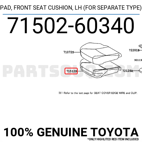 PAD, FRONT SEAT CUSHION, LH (FOR SEPARATE TYPE) 7150260340 | Toyota ...