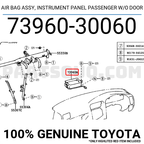 AIR BAG ASSY, INSTRUMENT PANEL PASSENGER W/O DOOR 7396030060 | Toyota ...