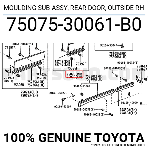 MOULDING SUB-ASSY, REAR DOOR, OUTSIDE RH 7507530061B0 | Toyota Parts ...