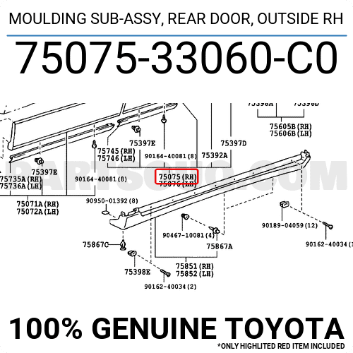 MOULDING SUB-ASSY, REAR DOOR, OUTSIDE RH 7507533060C0 | Toyota Parts ...