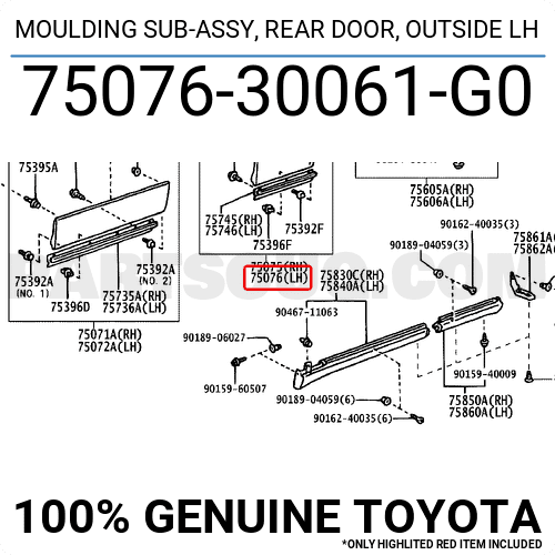 MOULDING SUB-ASSY, REAR DOOR, OUTSIDE LH 7507630061G0 | Toyota Parts ...