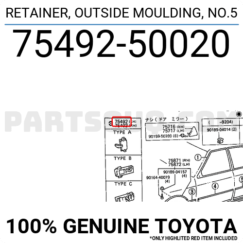 RETAINER, OUTSIDE MOULDING, NO.5 7549250020 | Toyota Parts | PartSouq