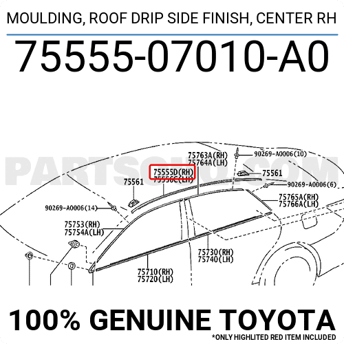 MOULDING, ROOF DRIP SIDE FINISH, CENTER RH 7555507010A0 | Toyota Parts ...