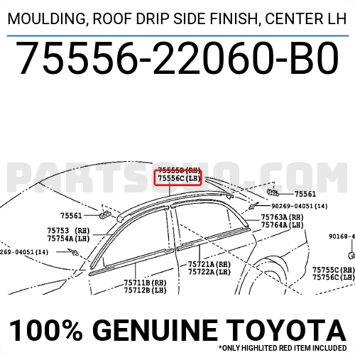 MOULDING, ROOF DRIP SIDE FINISH, CENTER LH 7555622060B0 | Toyota Parts ...