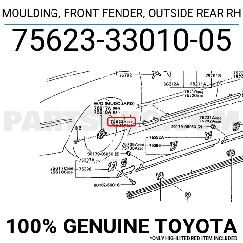 MOULDING, FRONT FENDER, OUTSIDE REAR RH 756233301005 | Toyota Parts ...