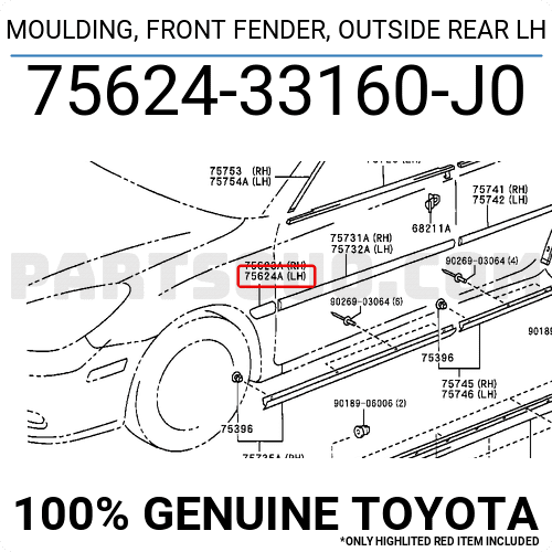 MOULDING, FRONT FENDER, OUTSIDE REAR LH 7562433160J0 | Toyota Parts ...