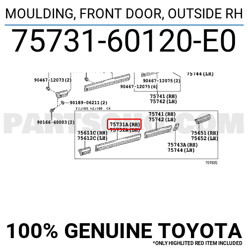 MOULDING, FRONT DOOR, OUTSIDE RH 7573160120E0 | Toyota Parts | PartSouq