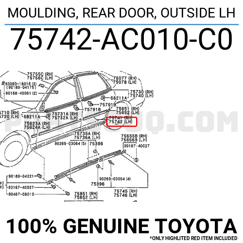 MOULDING, REAR DOOR, OUTSIDE LH 75742AC010C0 | Toyota Parts | PartSouq