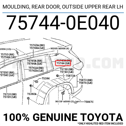 MOULDING, REAR DOOR, OUTSIDE UPPER REAR LH 757440E040 | Toyota Parts ...