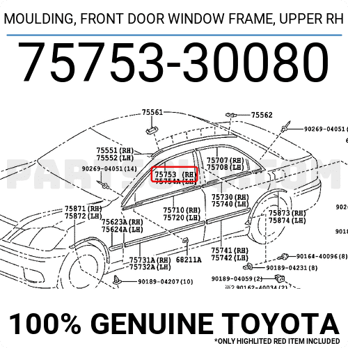 MOULDING, FRONT DOOR WINDOW FRAME, UPPER RH 7575330080 | Toyota Parts ...