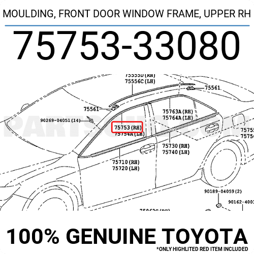 MOULDING, FRONT DOOR WINDOW FRAME, UPPER RH 7575333080 | Toyota Parts ...