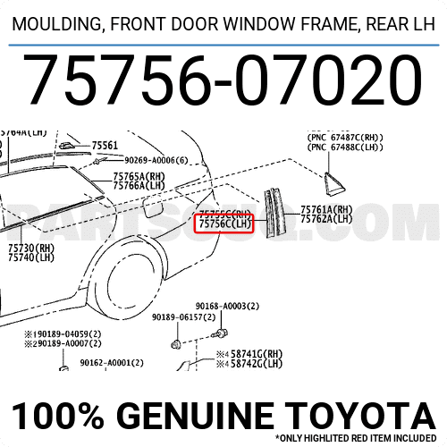 MOULDING, FRONT DOOR WINDOW FRAME, REAR LH 7575607020 | Toyota Parts ...