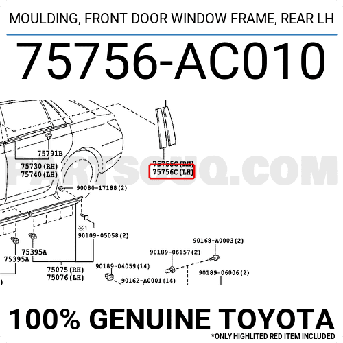 MOULDING, FRONT DOOR WINDOW FRAME, REAR LH 75756AC010 | Toyota Parts ...