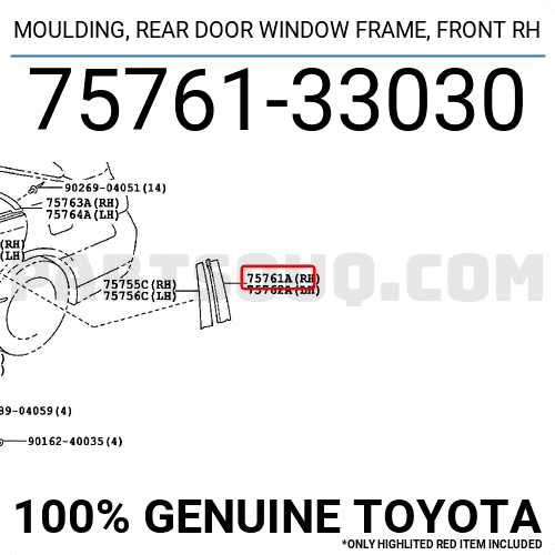 MOULDING, REAR DOOR WINDOW FRAME, FRONT RH 7576133030 | Toyota Parts ...